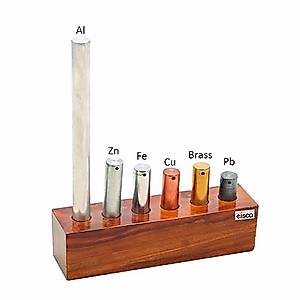 6pc Equal Mass Metal Cylinders Set - Copper, Lead, Brass, Zinc, Iron & Aluminum - Includes Wooden Storage Block - for Specific Heat, Specific Gravity & Density Experimentation - Eisco Labs