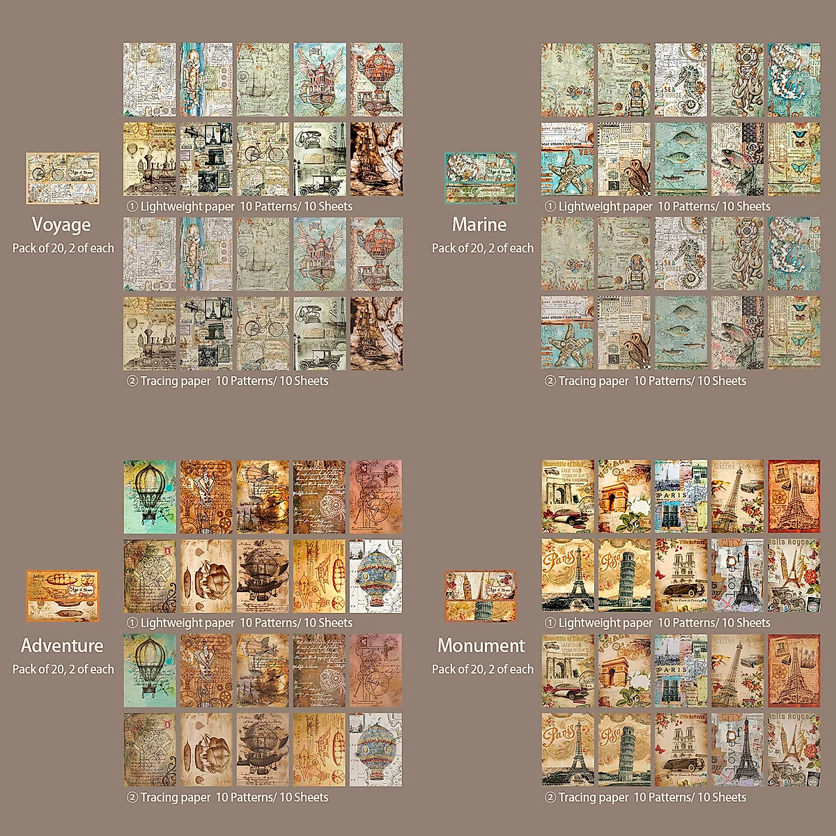 Vintage Scrapbook Paper Pack, Ephemera for Junk Journal Steampunk Craft Paper Collage Paper Journaling Supplies Scrapbooking Emblishments, 4.1 × 5.5 inches, 40 Designs 80 Sheets