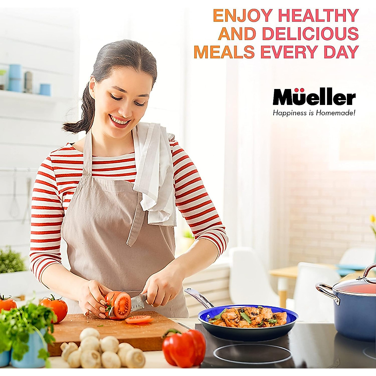 Mueller UltraClad Sapphire Pots and Pans Set Nonstick, 14 Piece Induction Cookware Sets, Aluminum Body, Includes Non Stick Deep Frying Pan, Sauce Pans for Cooking, Dutch Oven and More