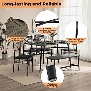 VINGLI 55in Modern Dining Table Set for 6, Rectangular Kitchen Dining Table, Bench, 6 Piece Wooden Dinner Table Set with Upholstered Chairs for Kitchen, Dining Room, Apartment - Dark Grey