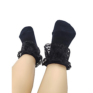 Xiyadun Toddler & Girls Eyelet Frilly Dress Socks Ruffle Lace Cotton Socks(Black-3 pairs, 8-11 Years)