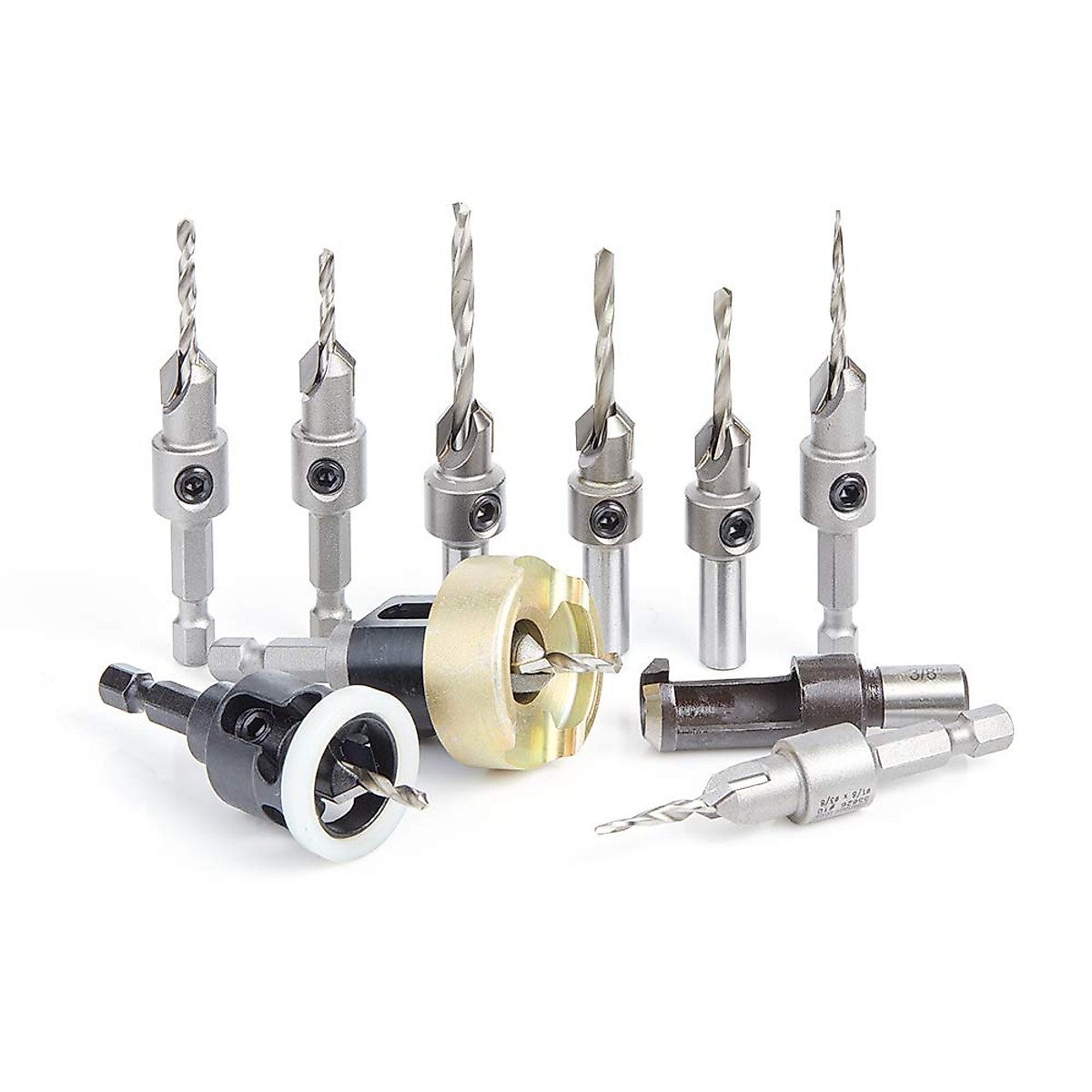 Amana Tool AMS-620 10-Pc Carbide Tipped Countersink with Adjustable Depth Stop and No-Thrust No Marring Ball Bearing Master Set