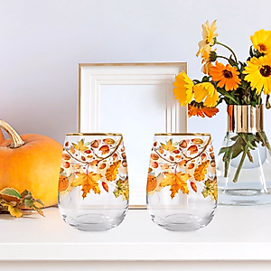 Whaline 2Pcs Fall Stemless Wine Glasses 17oz Maple Leaf Drinking Glasses with Gold Rim Autumn Leaves Tumbler Cups for Party Supplies Gifts