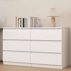 NoeBanJe 47" inch Dresser Sturdy Frame Modern Bedroom Furniture with 6 Drawers Large Capacity Storage Cabinet, Wooden Chest of Drawers for Bedroom, Hallway, Living Room, Entryway (White)