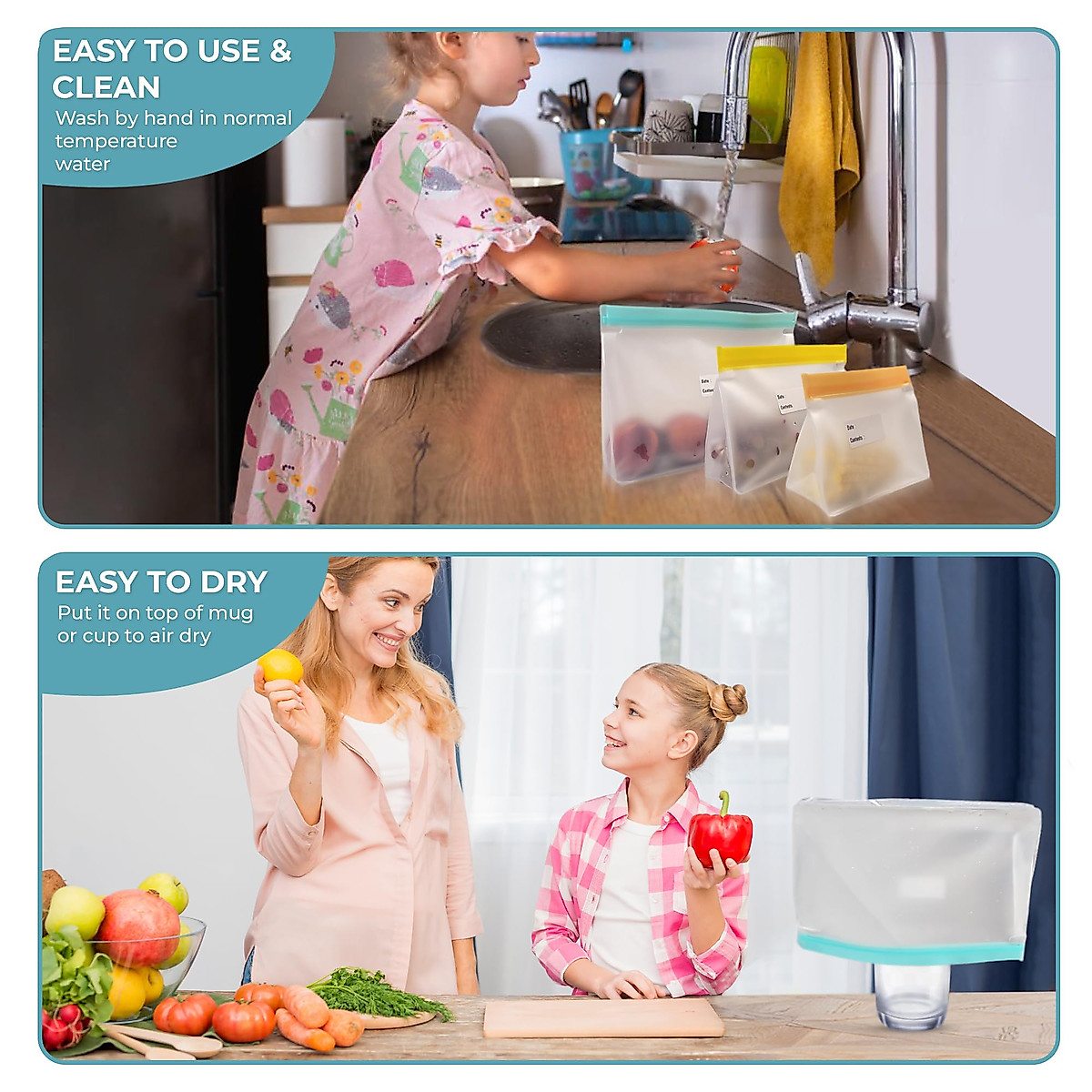 Temsy Reusable Snack Bags - 10pcs Reusable Snack Bags – Reusable Freezer Bags for Fruit, Veggies, Meat – Food-Safe Standup Storage Bags for Food with Ziplock Closure – Sustainable Option