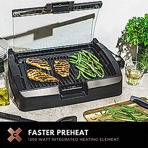 Crux Smokeless Indoor BBQ Grill with Viewing Window, Faster Preheat, Large PFOA-Free Non-Stick Grilling Surface for Healthy Family Sized Meals, Dishwasher Safe Parts, Black, compact (17168)