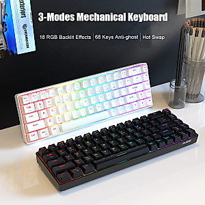 Ajazz K685T Wireless 60% Mechanical Keyboard, Bluetooth/2.4G/Wired Multi-Mode, RGB Backlight, N-Key Rollover 68 Keys, Hot Swap Switch, Compatible for Multi-Device Connection (White, Brown Switch)