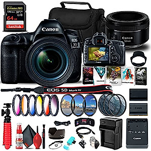 Canon EOS 5D Mark IV DSLR Camera with 24-70mm f/4L Lens (1483C018) + Canon EF 50mm Lens + 64GB Memory Card + Color Filter Kit + LPE6 Battery + External Charger + Card Reader + More (Renewed)