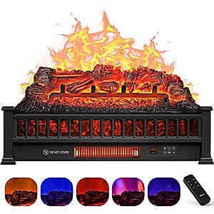 Alpaca Electric Fireplace Logs 26-Inch, Remote Controller Fireplace Insert Log Heater, Adjustable Flame Colors, Realistic Fake firewood Flame, Overheat Protection, Timer, Thermostat, 1500W Black