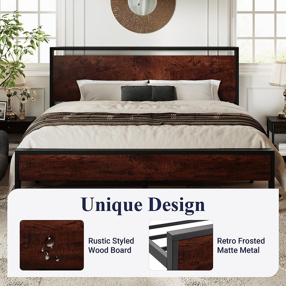 Allewie King Size Platform Bed Frame with Wooden Headboard and Footboard, Heavy Duty 12 Metal Slats Support, No Box Spring Needed, Under-Bed Storage, Non-Slip Without Noise, Mahogany