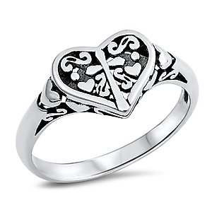 Filigree Heart Cross Oxidized Purity Ring .925 Sterling Silver Band Size 8