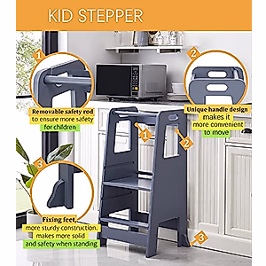 Kid's Wooden Kitchen Step Stool, Adjustable Platform Standing Tower, with Safety Guardrail Child Studying Tower, Toddler Stool for Bathroom, Cooking Helper（Grey）