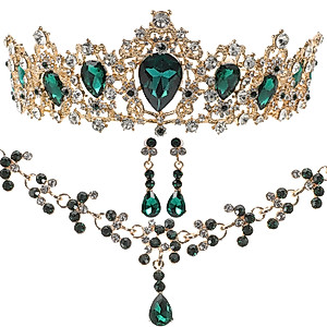 Generic Wedding Bridal Flower Jewelry Set Baroque Tiara Crystal Crown with Comb Retro Rhinestone Necklace Earrings Bridesmaids Queen Costume for Prom Party ( Green )