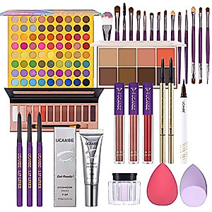 UCANBE All In One Makeup Kit Gift Box For Women Full Kit - Contains Eyeshadow Palette Concealer Brushes Lip Gloss Lip Liner Eyeliner Eyebrow Pen Eyeshadow Primer Sponge Puff Make up Sets
