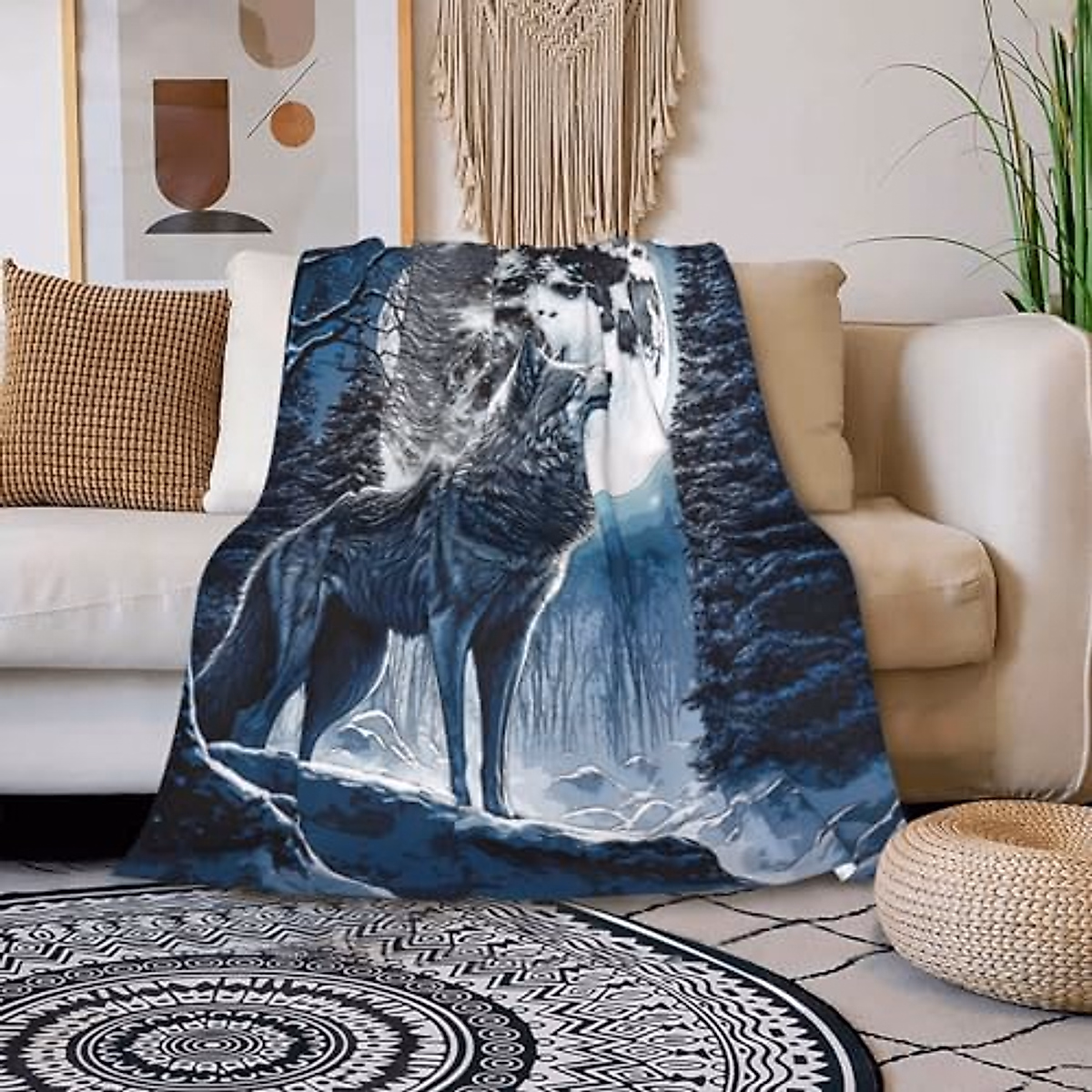 CaomeiWu Wolf Throw Blanket, 50" x 40" Flannel Cool Wolves Themed Stuffed Animal Black Throw, Soft Nap Throw Blanket for Home Boys Girls Women Wolf Lovers Gifts