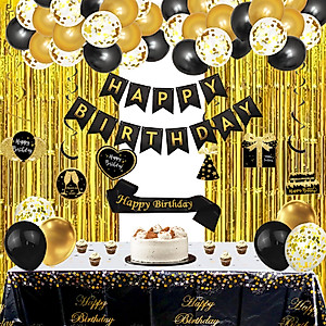 Black and Gold Birthday Decorations Black Gold Balloons Party Supplies with Banner Hanging Swirls Curtains Tablecloth Cake Toppers for Men Women Gold Black Birthday Father's Day Party Decorations