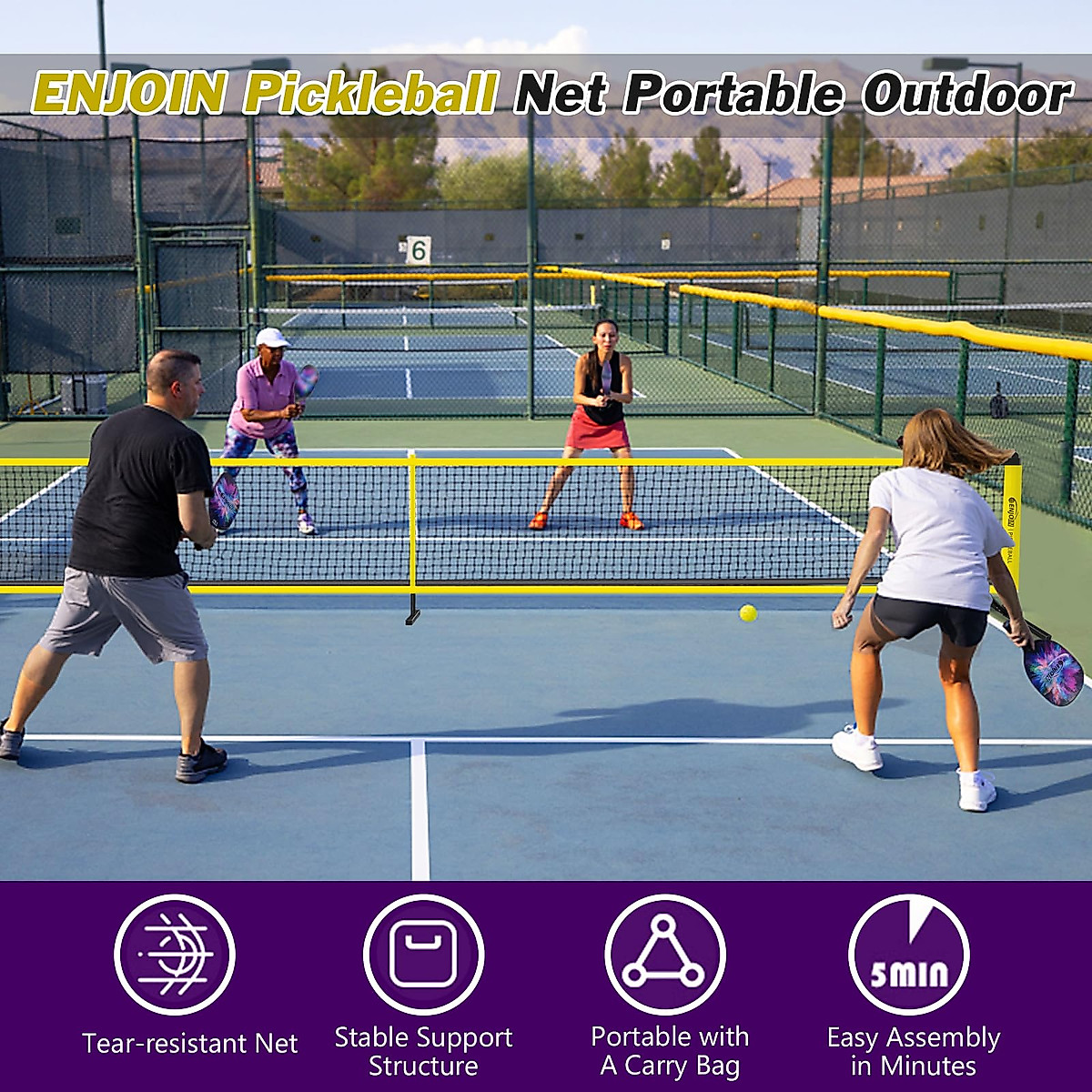 ENJOIN Pickleball Net Portable Outdoor - 22FT Regulation Size Set Driveway Pickleball Set with Net, Pickleball Nets and Accessories Included 4 Premium Wood Pickleball Paddles, 4 Outdoor Pickleballs
