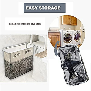 Shuoguoleilei 110L Double Laundry Basket, Rattan pattern Collapsible Laundry Hamper 2 section Sorter Bin Storage Bag for College Bathroom Bedroom Garage(Rattan)