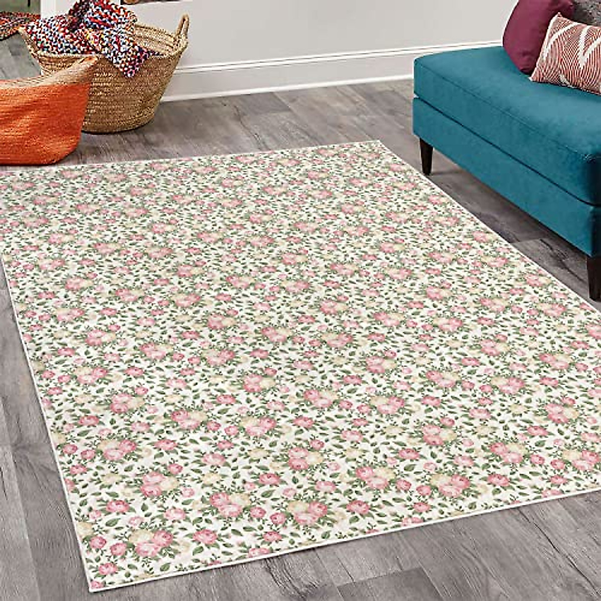 Lunarable Flower Decorative Area Rug, Roses Rosebuds Leaves Bouquet Flower Arrangements Bridal Victorian Style, Quality Carpet for Bedroom Dorm Living Room, 4' X 5' 5", White Pink Green