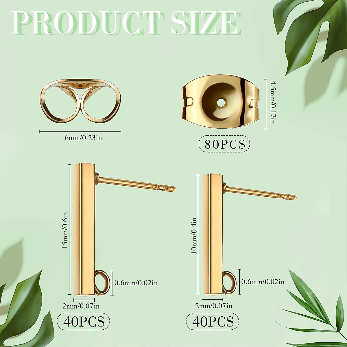 Hinly 80 Pieces Stainless Steel Earring Posts Stud Earring with Loop 80 Pieces Ear Nut Bar Pierced Post for DIY Jewelry Making, 2 Sizes(Gold)