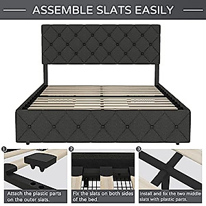 Osfvolr Queen Bed Frame, Modern Upholstered Platform Bed with 4 Storage Drawers, Modern Diamond Stitched Button Tufted Design Fabric Bedframe with Adjustable Headboard, Mattress Foundation, Dark Grey