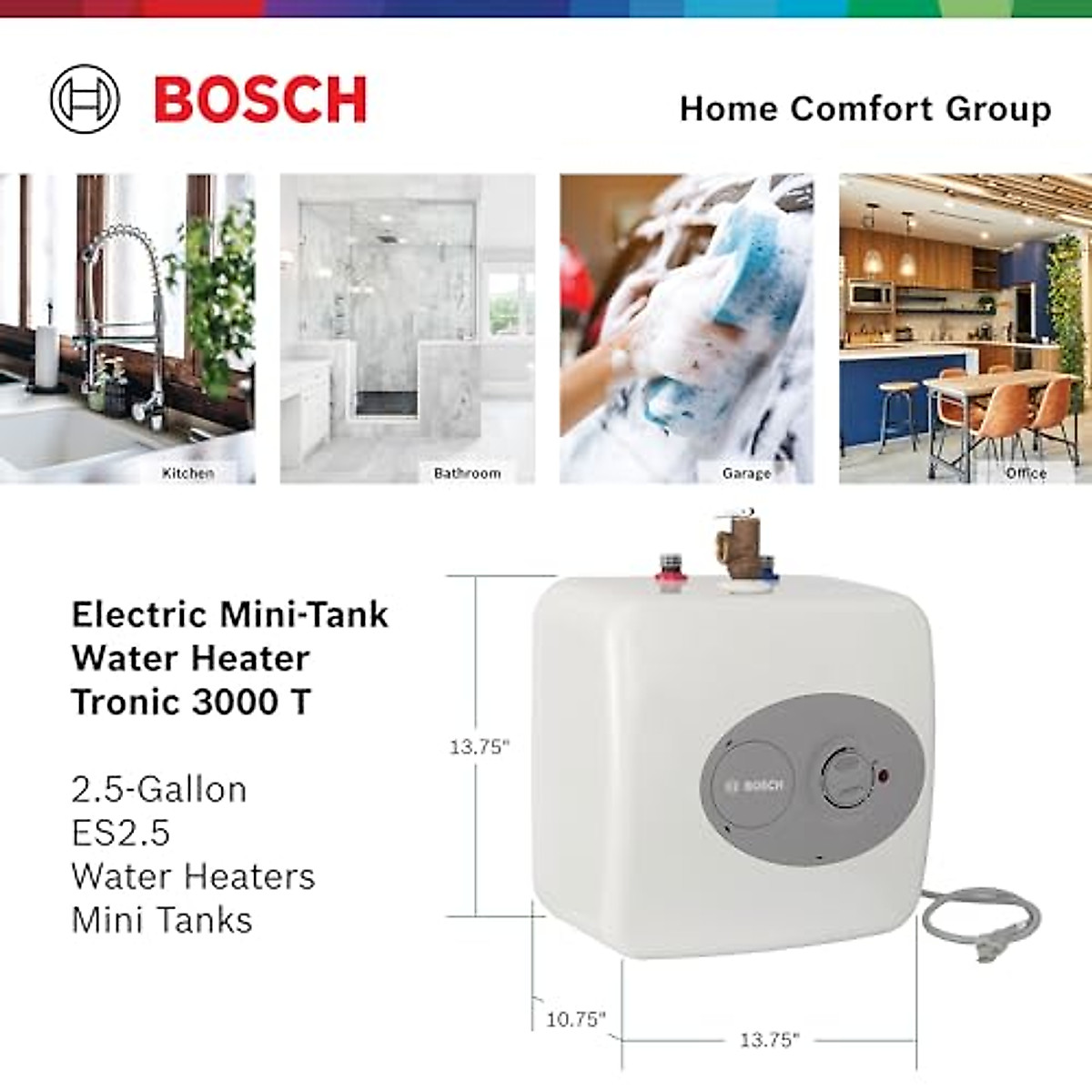 Bosch Electric Mini-Tank Water Heater Tronic 3000 T 2.5-Gallon (ES2.5) - Eliminate Time for Hot Water - Shelf, Wall or Floor Mounted