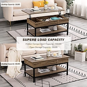 EROMMY Lift Top Coffee Table, 38'' Coffee Table with Open Shelf and Hidden Compartment, Rustic Wood Rising Tabletop Dining Table for Living Room, Pop-Up Center Table with Adjustable Feet, Rustic Gray