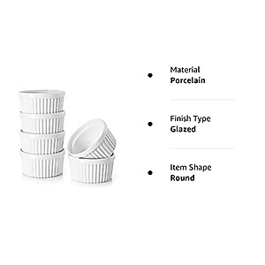 DOWAN 4 oz Ramekins for Creme Brulee Porcelain Ramekins Oven Safe, Classic Style Ramekins for Baking Souffle Ramekins Bowls, Set of 6, White