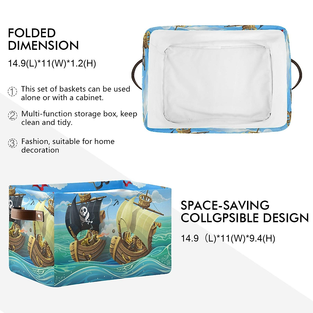 HANZHY Pirate Ship Large Fabric Storage Bins Foldable Cube Storage Bag Storage Basket with Handle for Closet Shelves Clothes Toys one size x 1