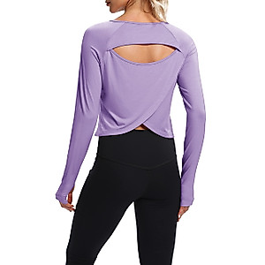Bestisun Women Athletic Workout Dry Fit Long Sleeve Open Back Workout Shirts Yoga Top Gym Shirt Cropped Sweaters Light Purple M