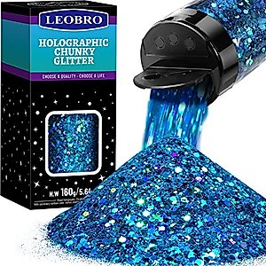 Holographic Chunky Glitter, 160G/5.64OZ Craft Glitter for Resin, Metallic Iridescent Chunky Fine Glitter Sequin Flake Bulk, Nail Glitter for Makeup Body Face Eye, Tumblers, LEOBRO Ocean Blue Glitter