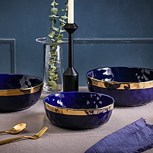 Stone Lain Florian Porcelain 3-Piece Round Bowl Service Set, Blue with Gold Rim