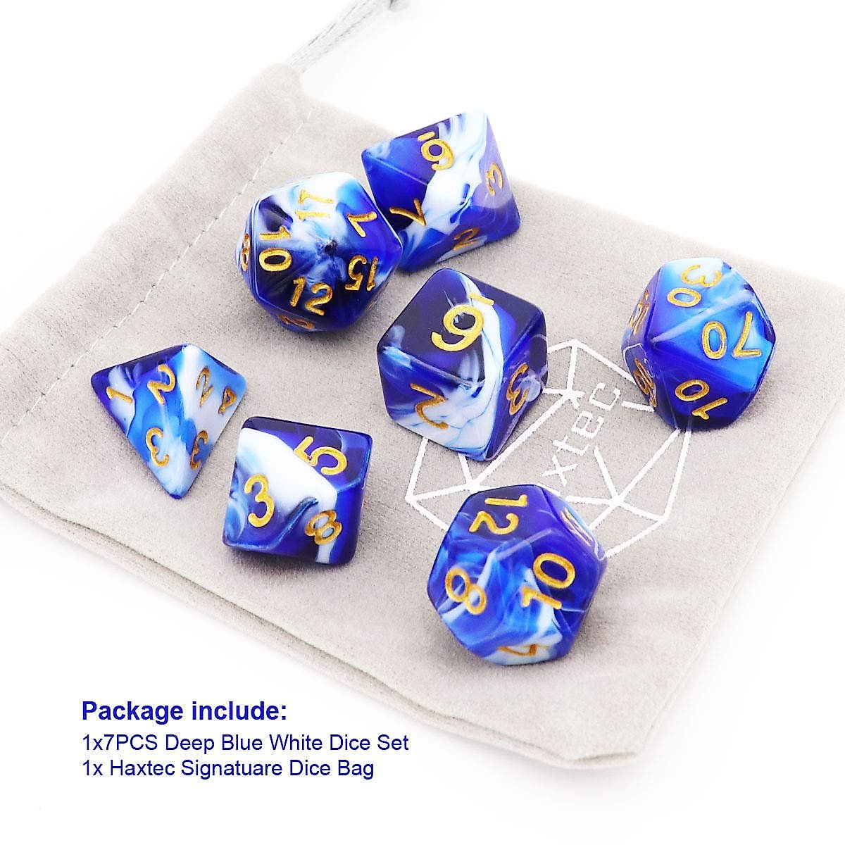 Haxtec Blue White DND Dice Set Swirl Polyhedral D&D Dices for RPG Dungeons and Dragons