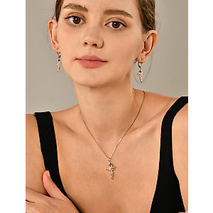 YL Cross Necklace 925 Sterling Silver Flower Rose Crucifix Pendant Created Ruby Criss Jewelry for Women