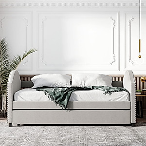 Harper & Bright Designs Full Size Upholstered Daybed with Twin Size Trundle, Upholstered Daybed Sofa Bed Frame for Living Room Bedroom, Beige