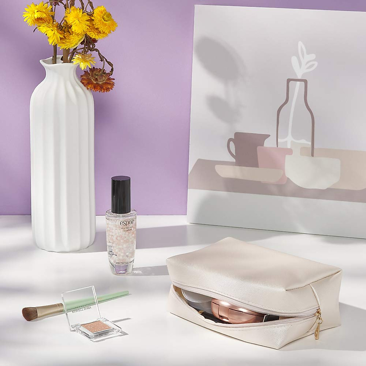 Sohynca PU Leather Cosmetic Bag for Women Minimalism Makeup Bag for Daily Use Portable Storage Purse Small Neat Cosmetic Pouch Water-resistant Toiletry Bag for Travel (Ivory White)