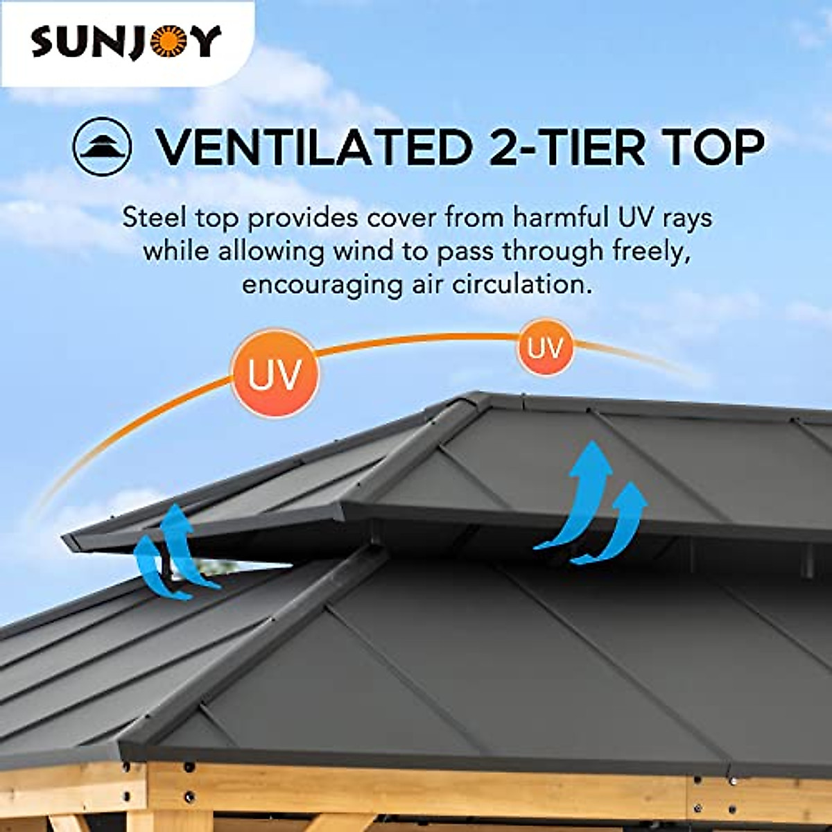 SUNJOY 12 x 16 ft. Wood Gazebo, Outdoor Patio Hardtop Gazebo, Upgrade Cedar Framed Wooden Gazebo with 2-Tier Metal Roof, Suitable for Patios, Lawn and Backyard, Dark Brown Roof + Natural Wood Frame