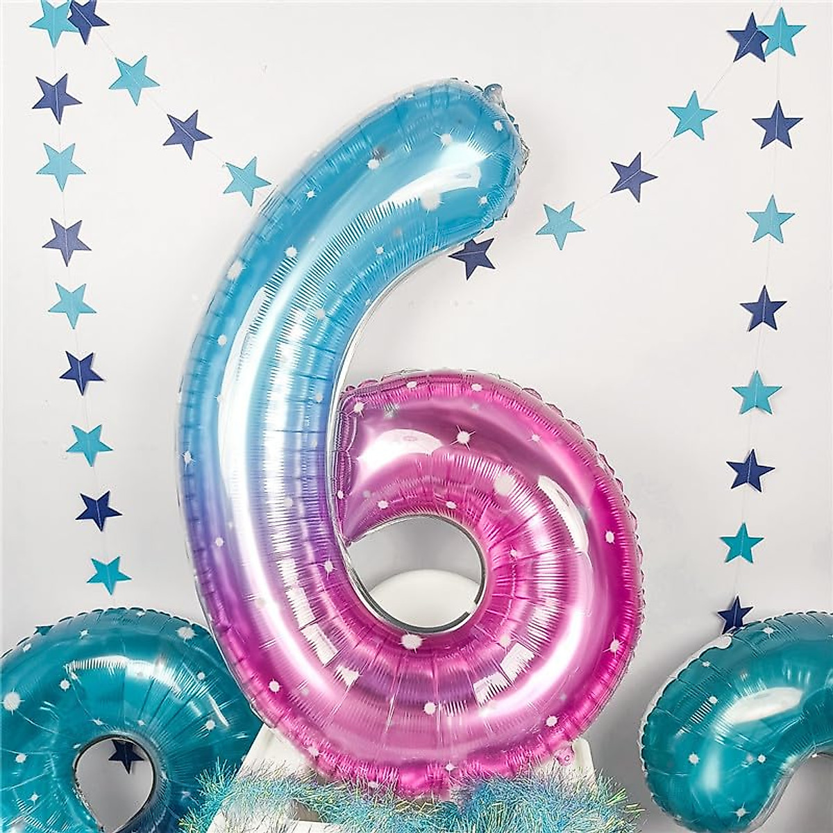 40 Inch Balloon Number 6 Blue Pink, Large Foil Mermaid 6 Balloons Number for Women, Starry Rainbow Globos de Numero 6 Helium Balloons for Girls 6th Birthday Anniversary Graduation Party Decorations