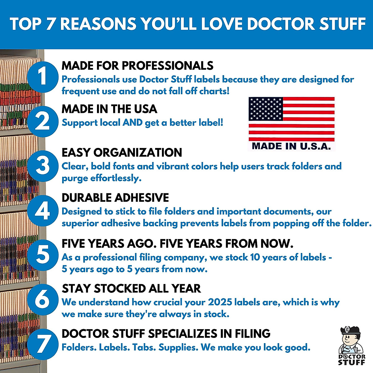 2024 Year Labels, Doctor Stuff 2024 Chart Stickers, Blue/Black Color Coded, Barkley FYCPM Style, USA Made Year Stickers for End Tab File Folders, 500/Roll, 1 Roll, 3/4" x 1-1/2"