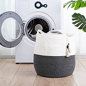 Goodpick Cute Round Storage Basket, Baby Nursery Hamper for Blankets, Clothes, Toys, Woven Rope Basket for Living Room, Decor, Toy Bin, Grey, 17.71 x 14.9 inches