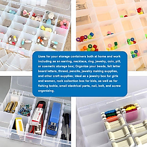 LE PAON 36 Grids Clear Plastic Organizer Box Storage Container Jewelry Box with Adjustable Dividers for Beads Art DIY Crafts Jewelry Fishing Tackles with 12 Floss bobbins
