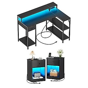 SUPERJARE L Shaped Gaming Desk with LED Lights & Power Outlets Reversible Computer Desk and Nightstands Set of 2 with Charging Station & LED Light Strips, Black