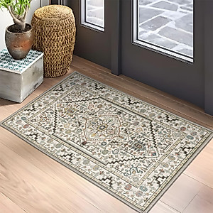 Rineflo-2'x3' Washable Indoor Doormat, Non-Slip Retro Door Mat ，Boho Mat Low-Pile Entryway Rug，Suitable for Bedroom, Study, Bathroom Entrance Carpet (Beige Green, 2'x3')