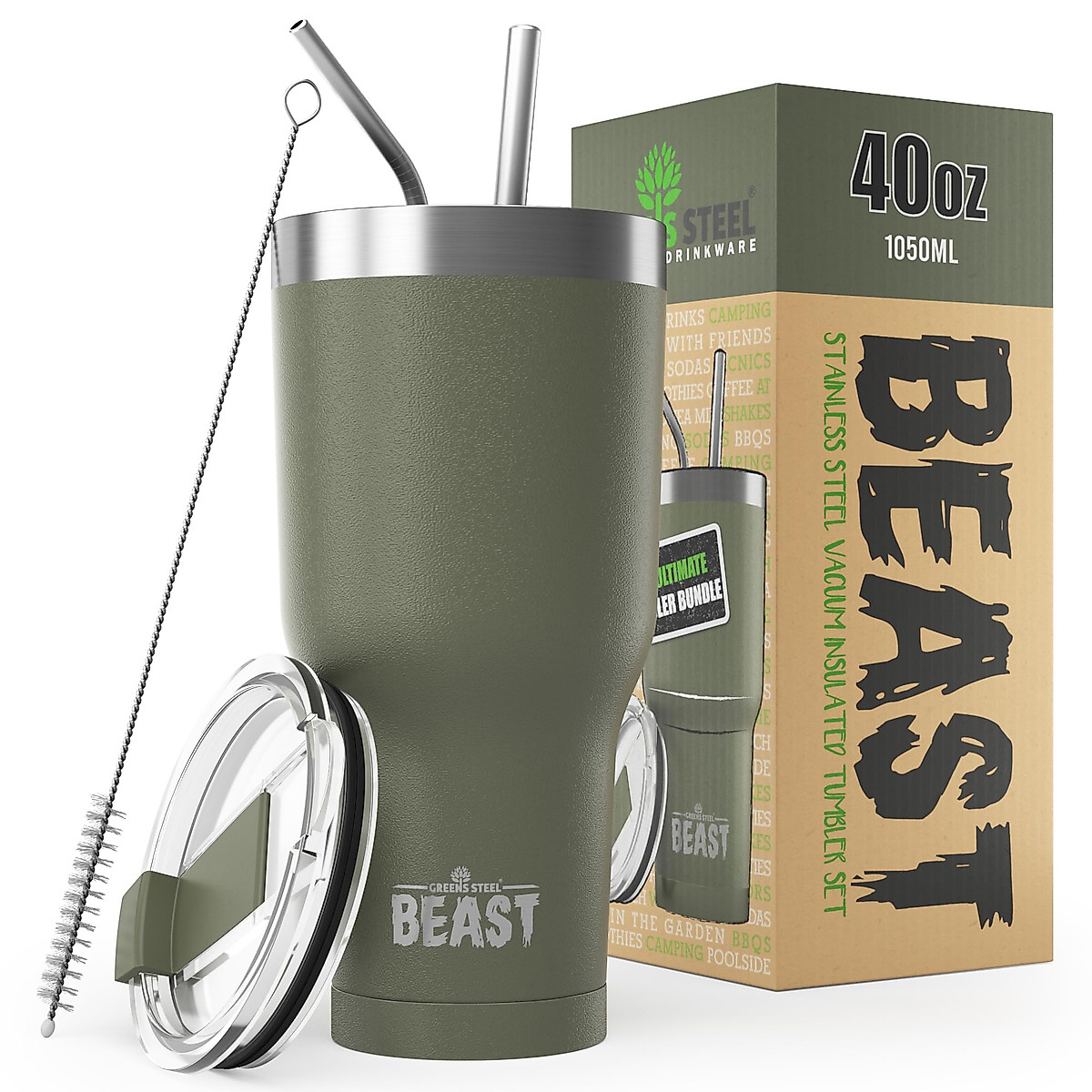 Beast 40 oz Tumbler Stainless Steel Vacuum Insulated Coffee Ice Cup Double Wall Travel Flask (Army Green)