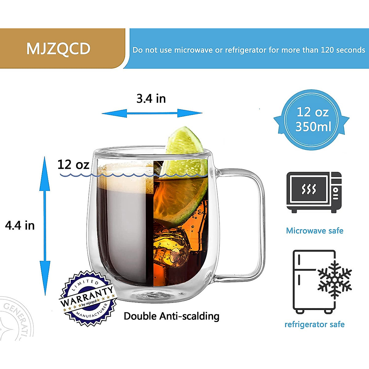 MJZQCD Glass Espresso Cup 12 oz, Double Wall Glasses Insulated coffee Mugs,With Handle & Suspended Base Design,Clear glass tea cups,Perfect for Cappuccino,Latte,Hot Beverage (Set of 2 * 12 oz)