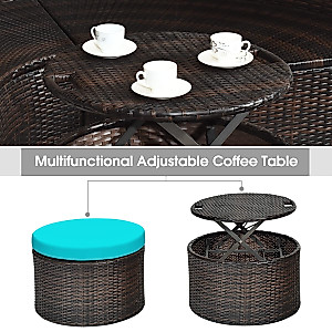 Tangkula Patio Round Daybed with Retractable Canopy, Outdoor Wicker Rattan Furniture Sets, Sectional Cushioned Sofa Set w/Height Adjustable Coffee Table, Rattan Conversation Sets (Turquoise)