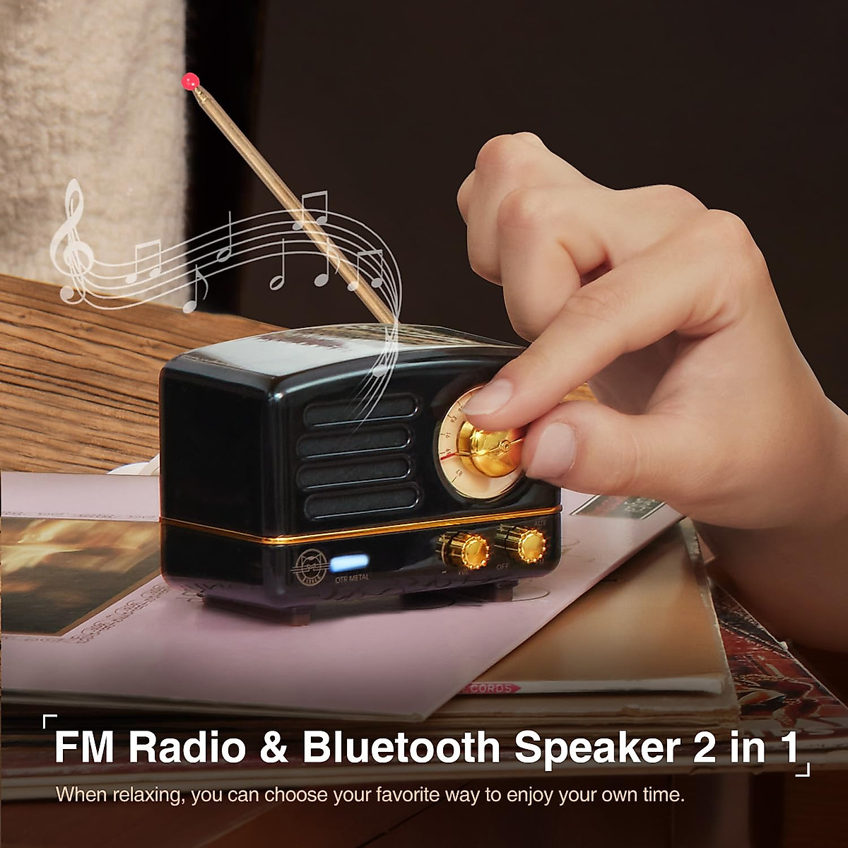 Muzen Portable Bluetooth Speaker, OTR Metal Retro Small Wireless Speaker, FM Radio with Antenna AUX, 10h+ Long Playtime, High Fidelity Stereo Audio with Suitcase, Room Office Decor, Festival Gift