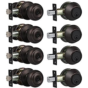 4 Pack Entry Door Knob and Deadbolt Set, Keyed Alike Oil Rubbed Bronze Exterior Door Knob with Single Cylinder Deadbolt Lock Set, Front Door Knob and Deadbolt for Entrance and Office Door