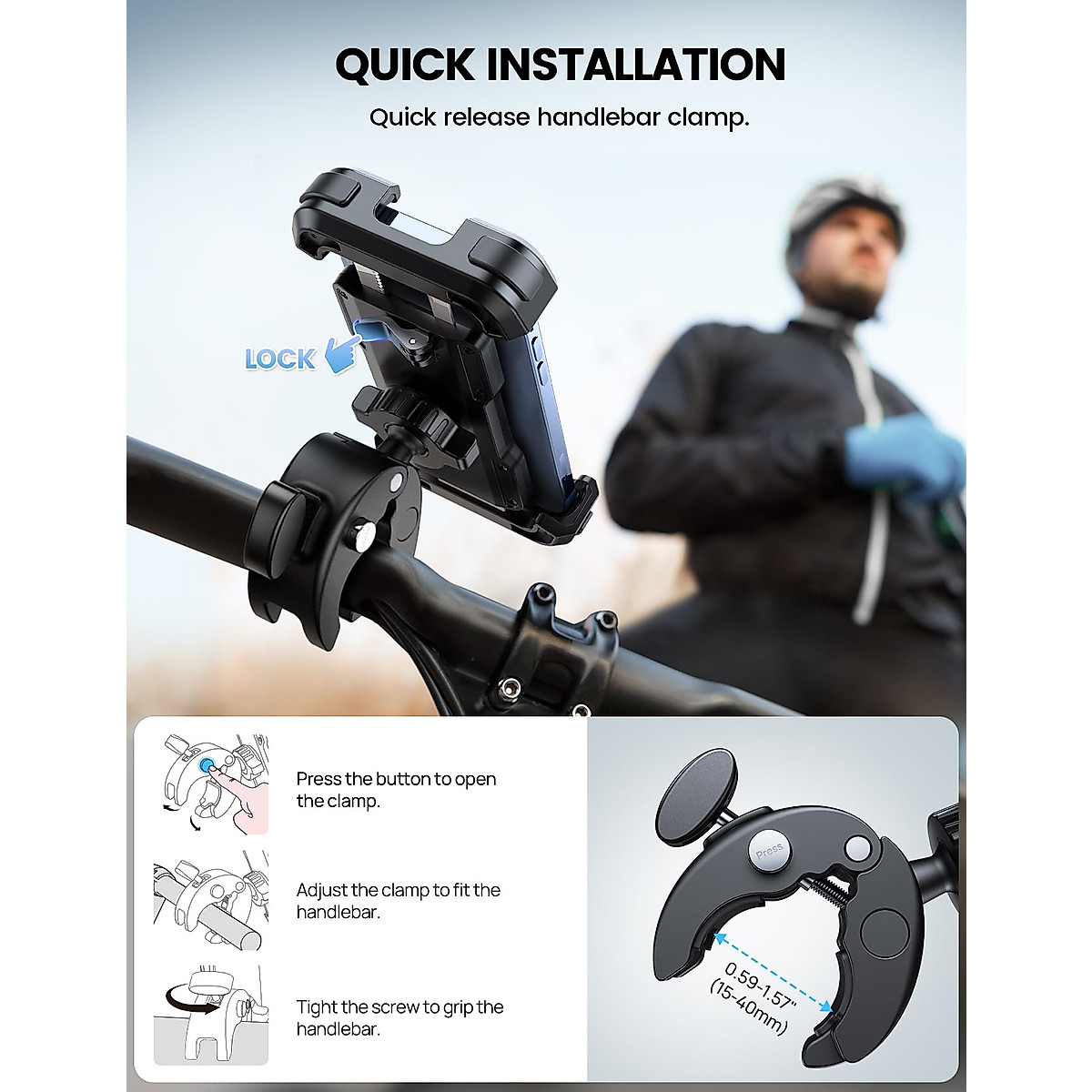 Lamicall Motorcycle Phone Mount, Bike Phone Holder - Upgrade Quick Install Handlebar Clip for Bicycle Scooter, Cell Phone Clamp for iPhone 16 15 Pro Max/ 14/13, Galaxy S10 and More 4.7-6.8" Phone