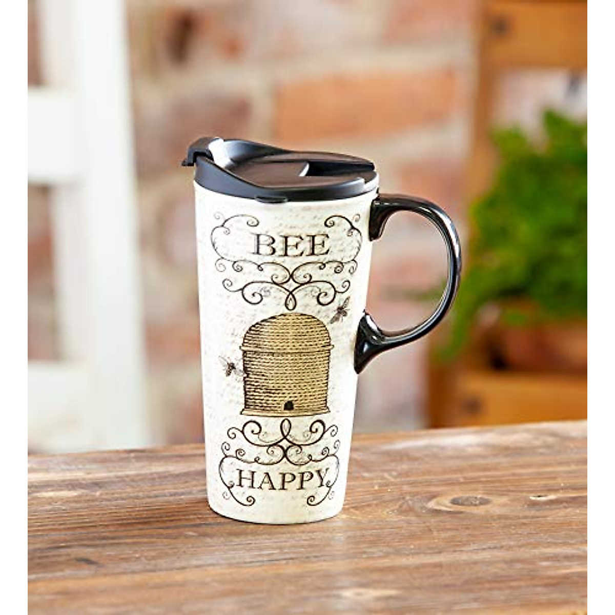 Cypress Home Inspirational Travel Mug, Bee Happy 17 OZ Ceramic Cup - 4 x 5 x 7 Inches Insulated Coffee Tea Mug